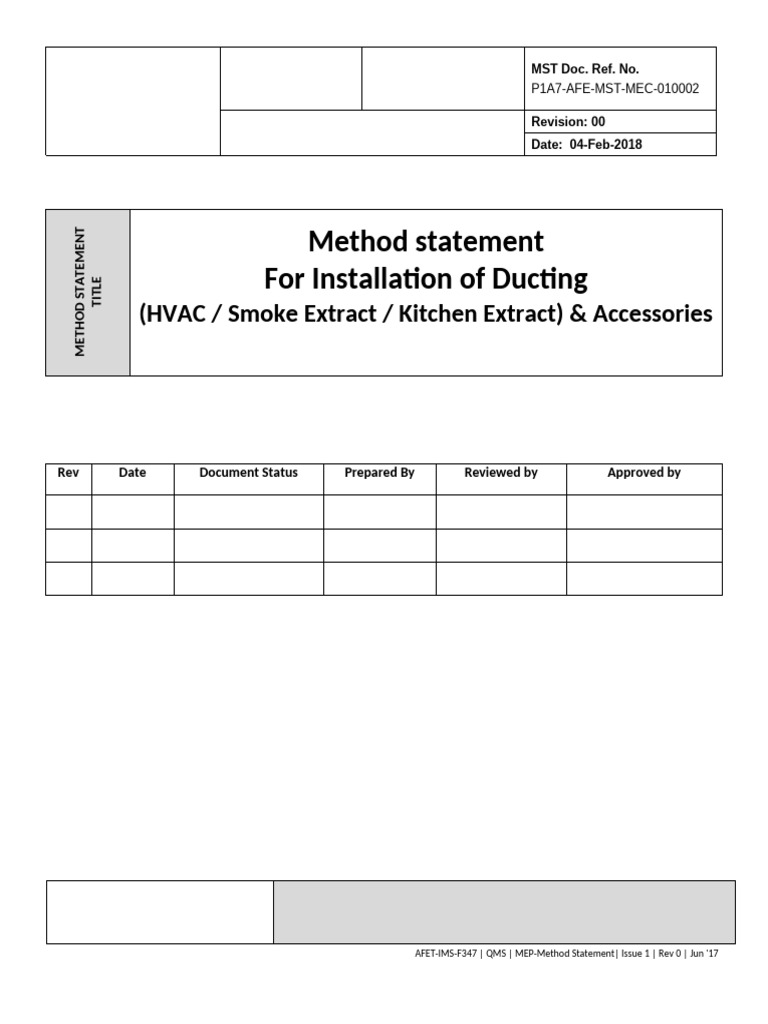 Method Statement - Installation of Ducts - 010002-00 | PDF | Duct (Flow) | Door