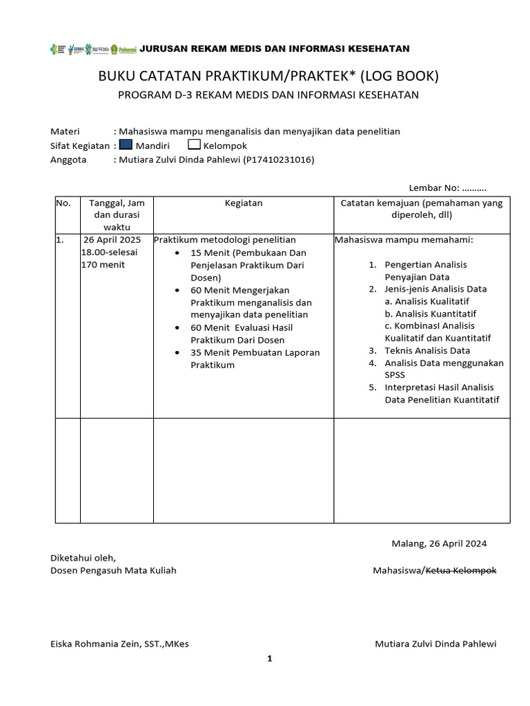 TM 11 Logbook Praktikum Metopen - Mutiara Zulvi Dinda Pahlewi | PDF