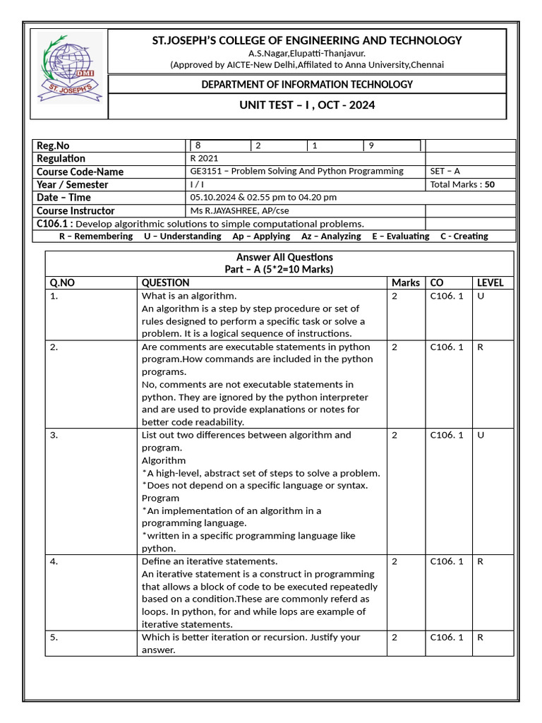 PSPP KEY PAPER U - 1 Set - B | PDF | Iteration | Algorithms