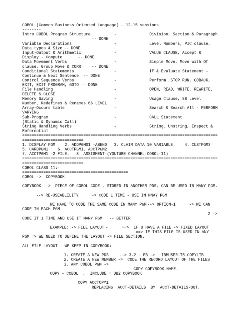 COBOL Class 11 - FILE Concepts Part-3 COPYBOOK RunJCL | PDF | Computer Programming | Software ...