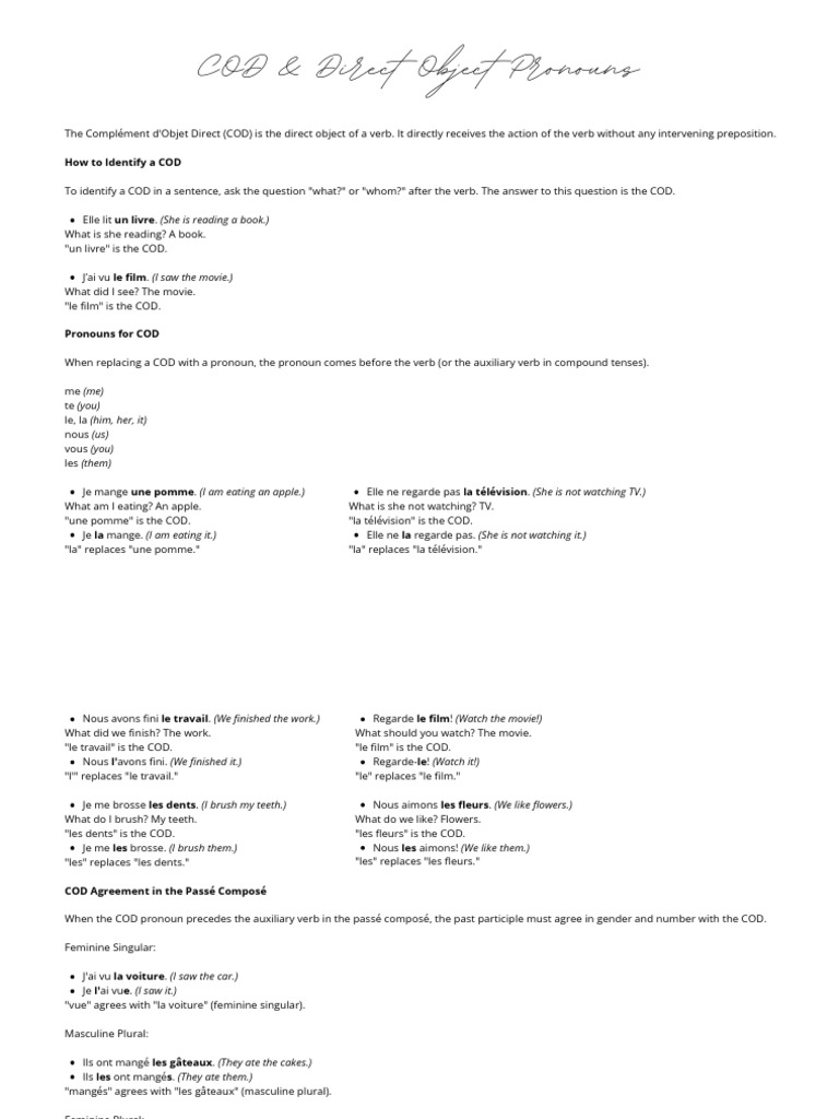 COD & Direct Object Pronouns | PDF | Grammatical Gender | Verb