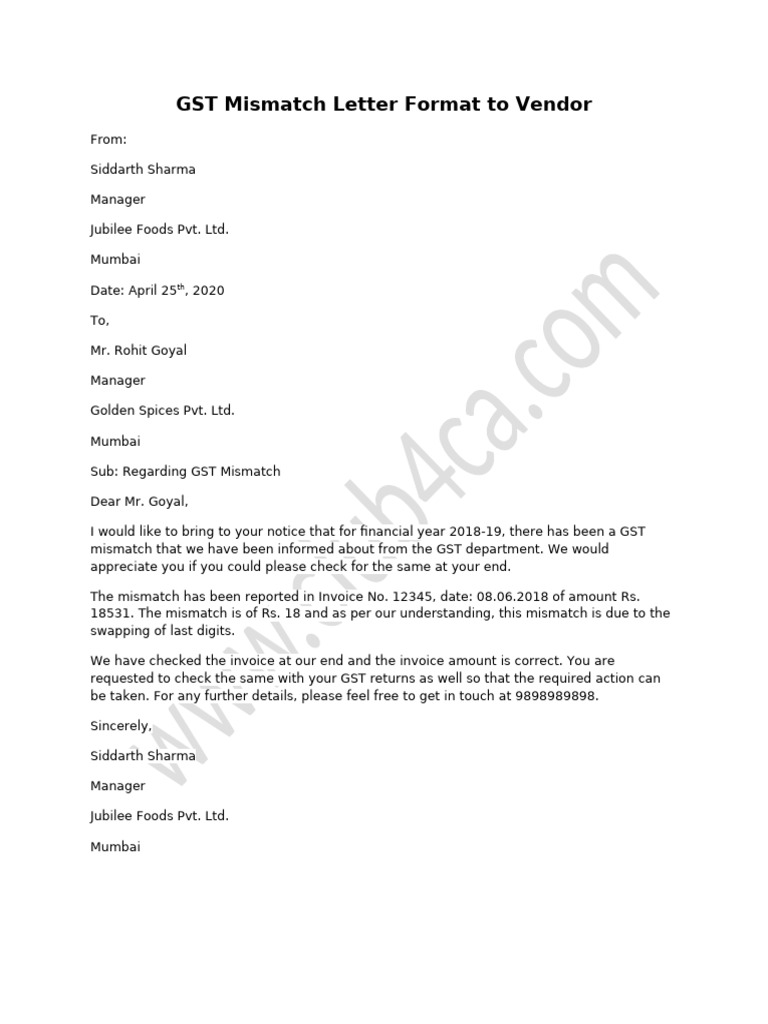 Letter To Vendor For GST Mismatch | PDF