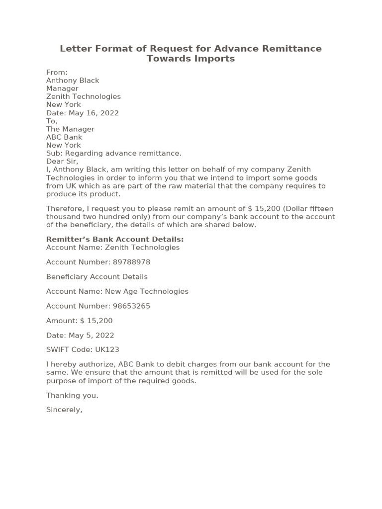 Request for Advance Remittance Letter | PDF