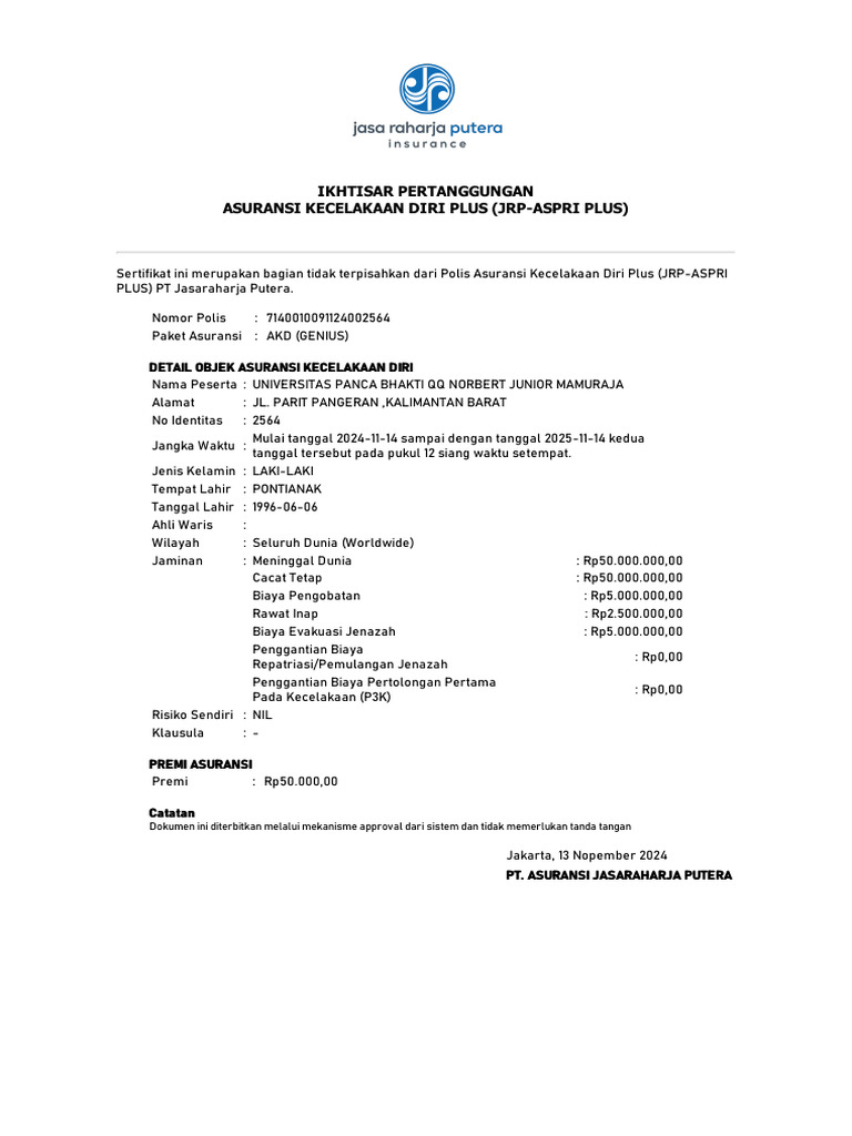 Ikhtisar Asuransi Kecelakaan Diri JRP-ASPRI | PDF