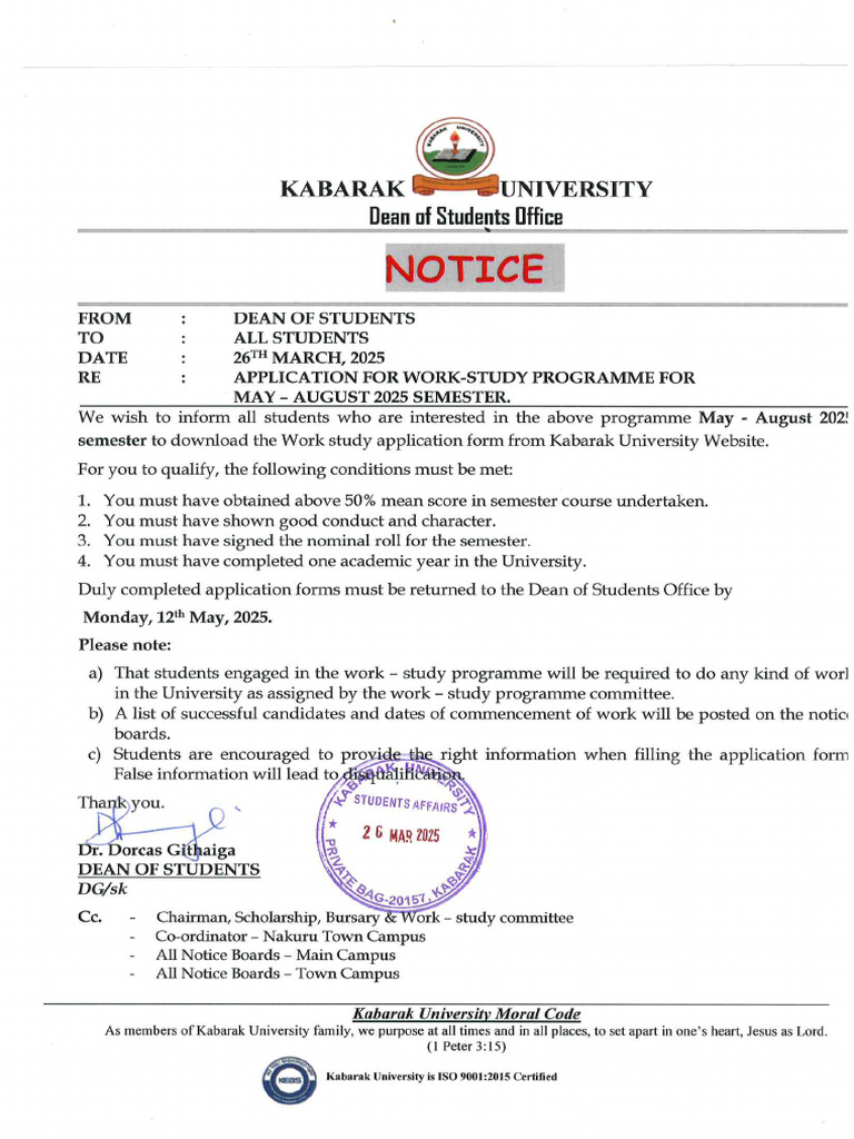 Application For Work Study Programme For May - August 2025 Semester | PDF