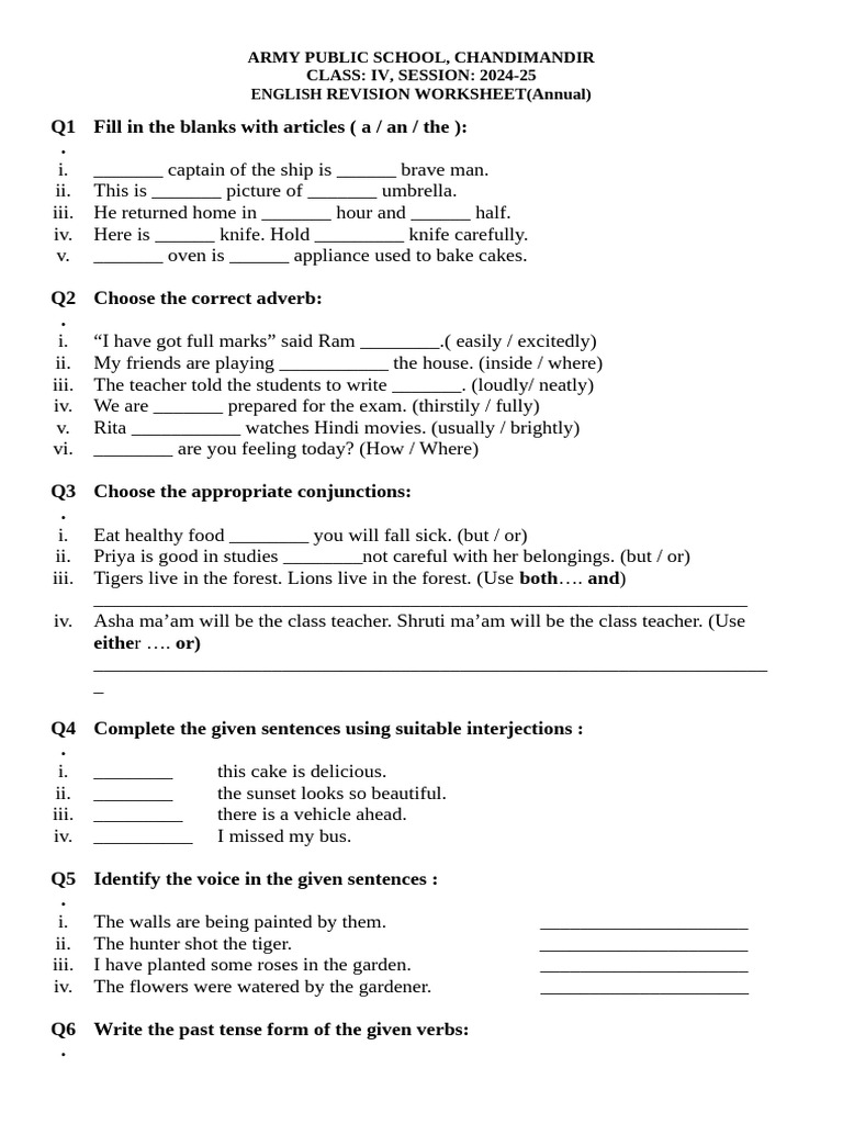 English Revision Worksheet Class IV | PDF