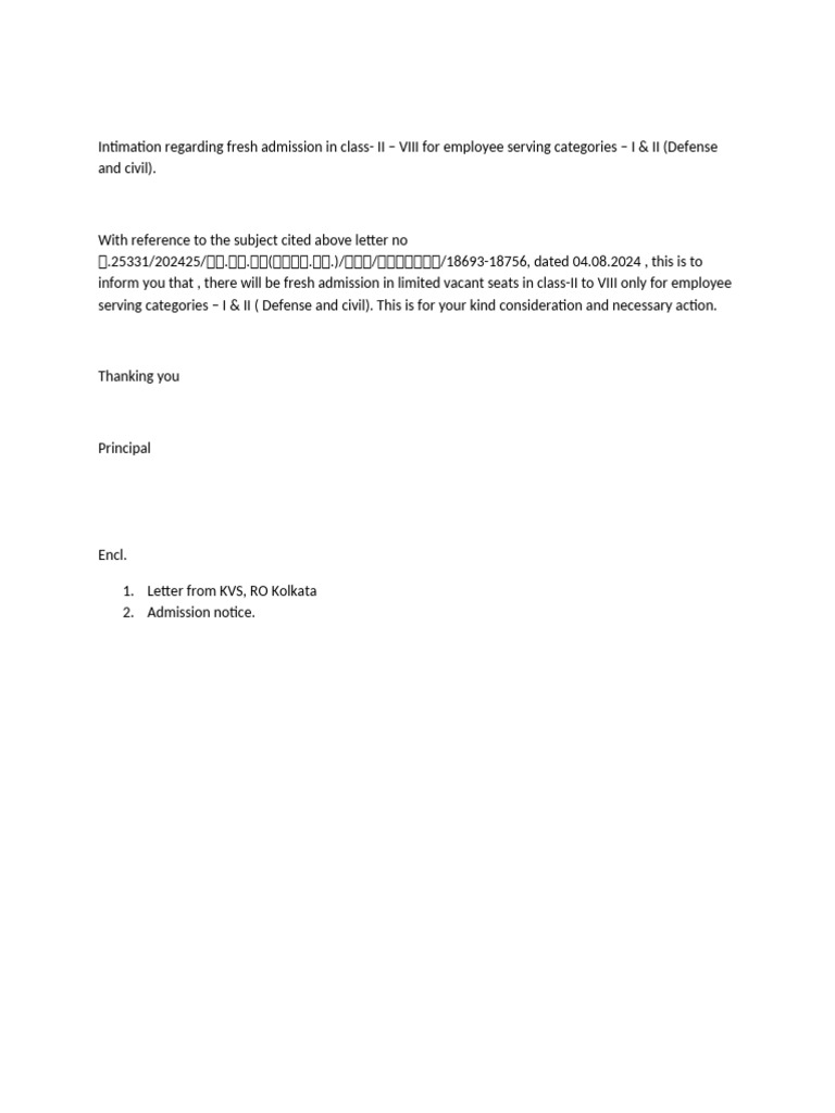 Intimation Regarding Fresh Admission in Class - II - VIII | PDF