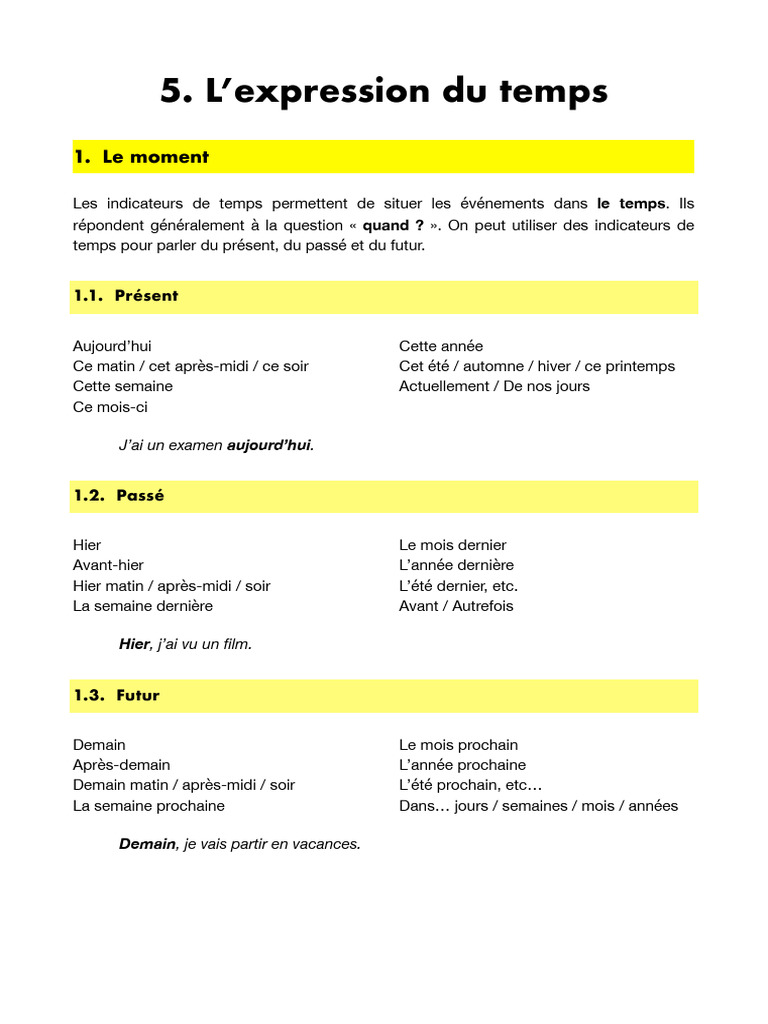 Indicateurs et expressions du temps | PDF