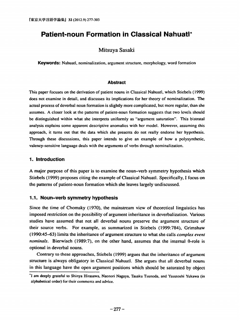 Patient Noun Formation in Classical Nahu | PDF | Language Mechanics ...