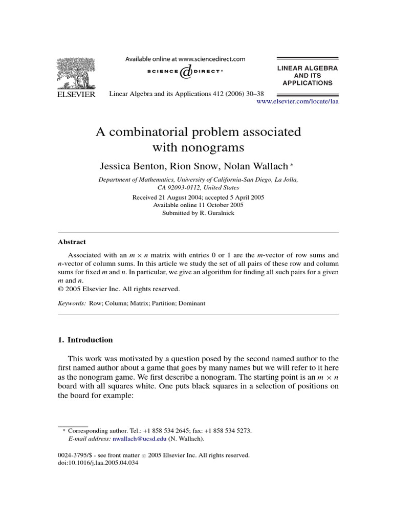 A Combinatorial Problem Associated With Nonograms | PDF | Matrix (Mathematics) | Mathematical ...