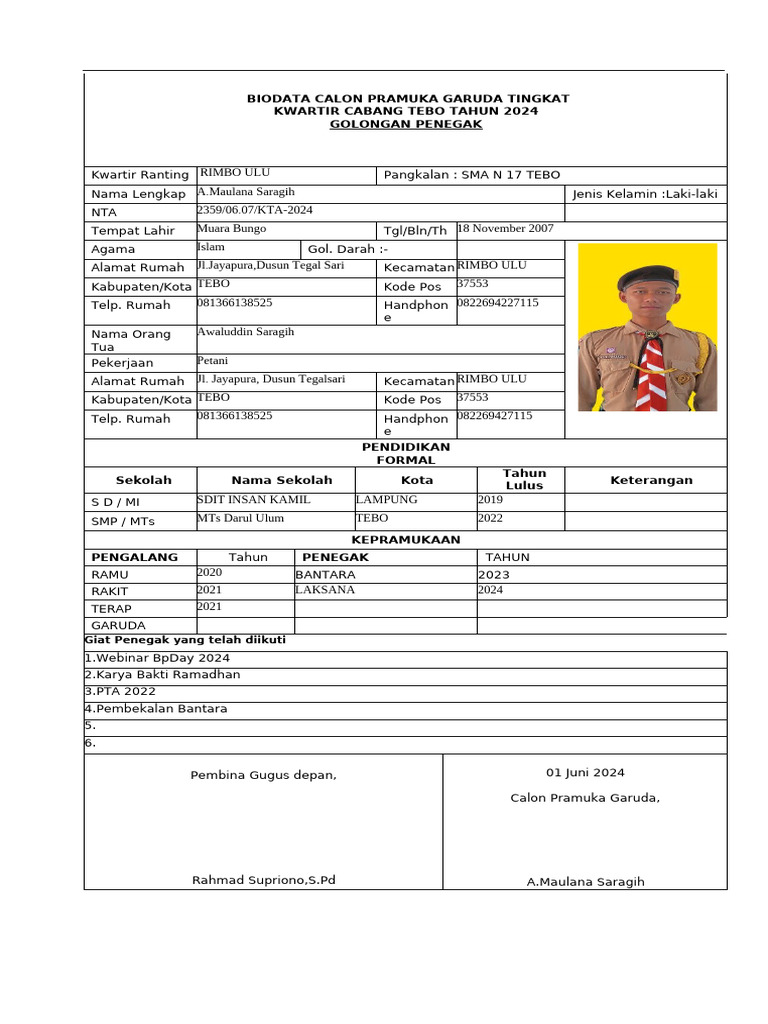 Biodata Pramuka Garuda Tebo 2024 | PDF