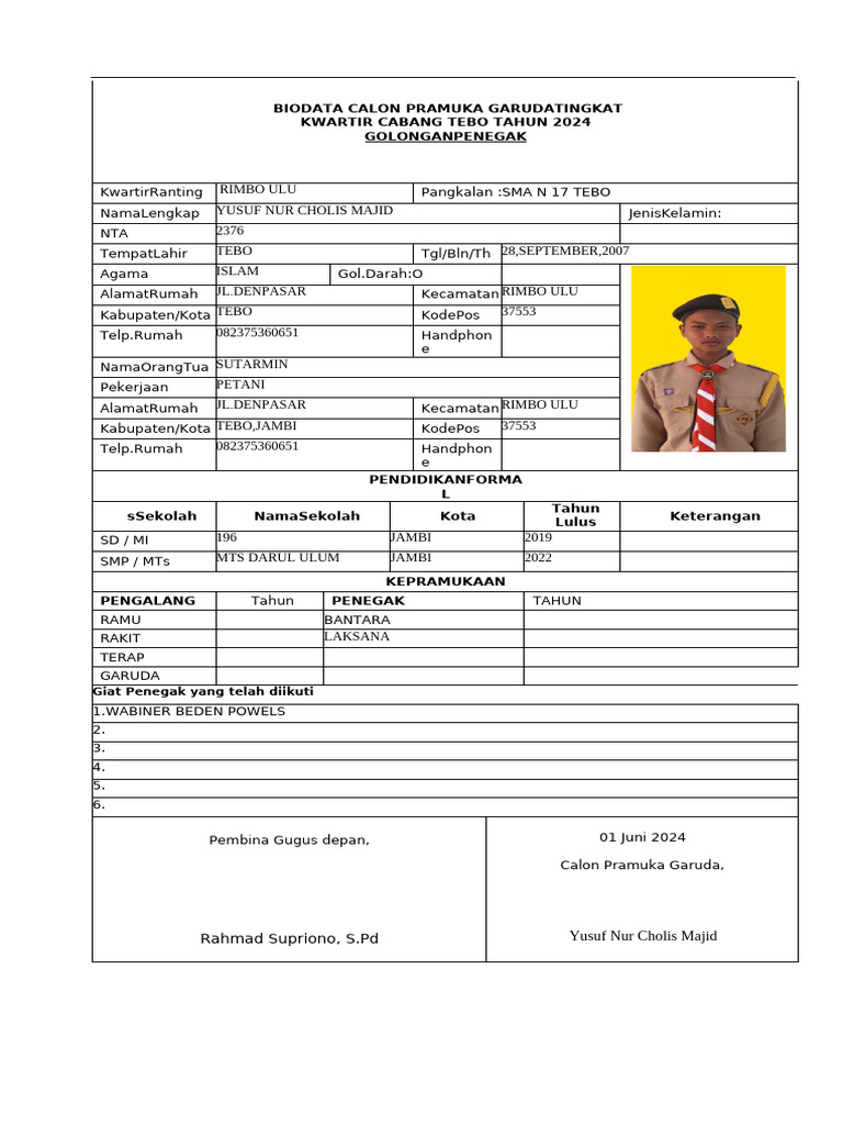 Biodata Calon Pramuka Garuda 2024 | PDF