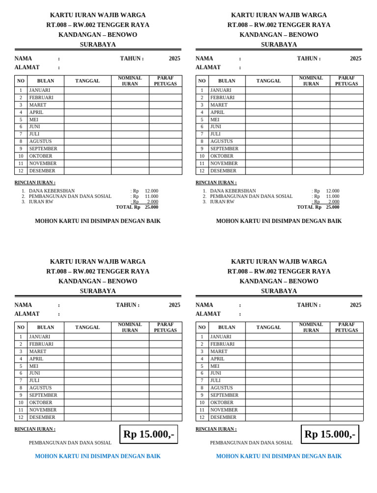 Kartu Iuran Wajib Warga RT008 RW002 | PDF