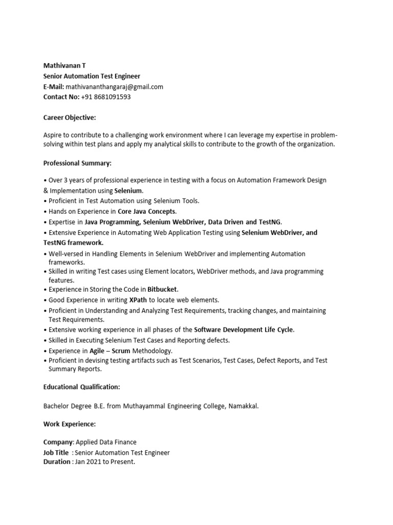 Mathivanan Automation Resume | PDF | Selenium (Software) | Software Testing
