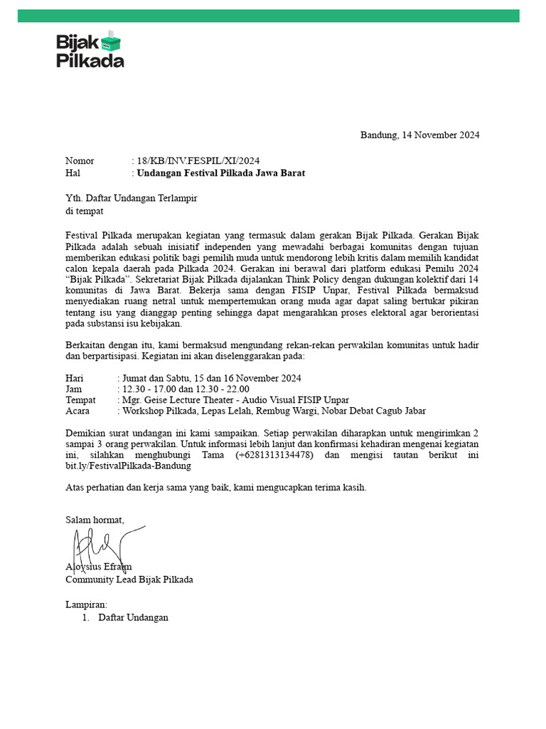 Surat Undangan Festival Pilkada Bandung | PDF