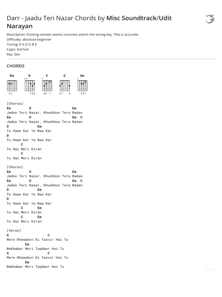Darr - Jaadu Teri Nazar Chords (Ver 2) by Misc Soundtracktabs at ...