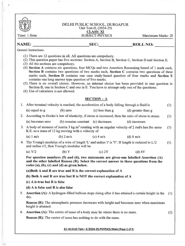 Cl-11 UT-2 PHYSICS (2024-25) | PDF