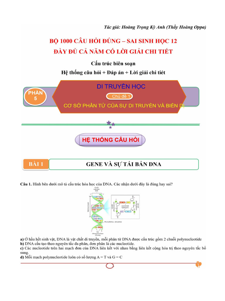 Bo 1000 Cau Hoi Dung Sai Theo Bai Hoc Sinh 12 | PDF