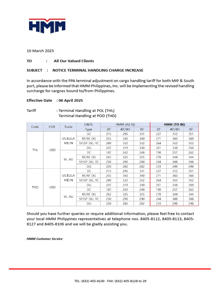 Terminal Handling Charge Increase Eff April 06 2025 | PDF