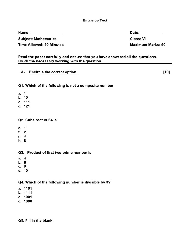 Entrance VI Maths | PDF | Mathematics | Elementary Mathematics
