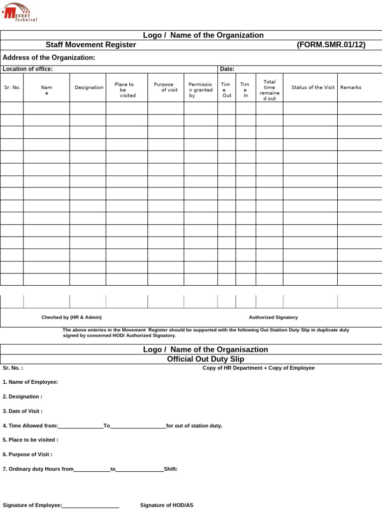 Staff Movement Register Format | PDF