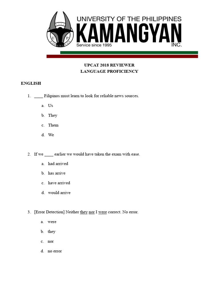 UP Kamangyan CET Reviewer Complete | PDF | Subject (Grammar)