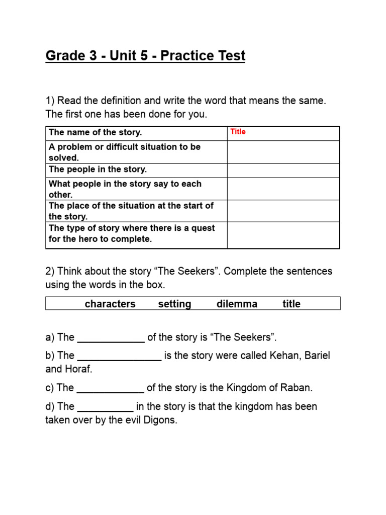 Grade 3 - English - Unit 5 Practice Test | PDF