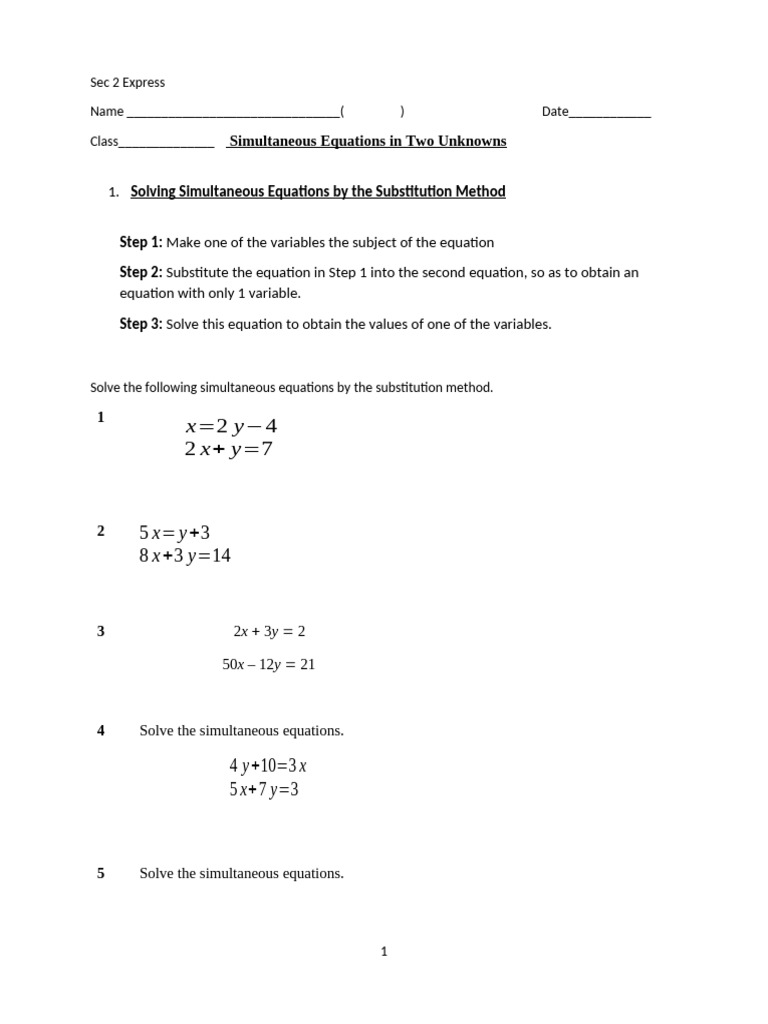 Solving Simultaneous Equation by Substitution Method (For Suay Yeow) | PDF