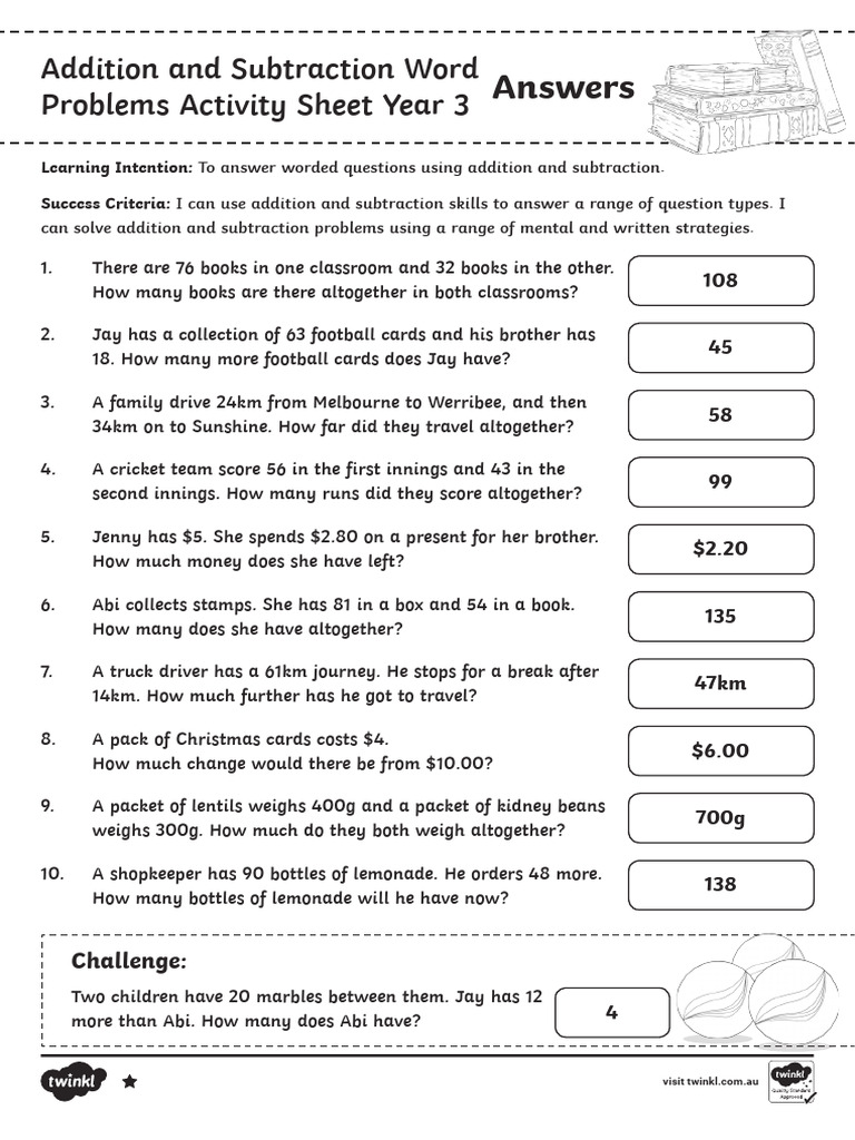 Addition and Subtraction Worksheet (Answers) | PDF