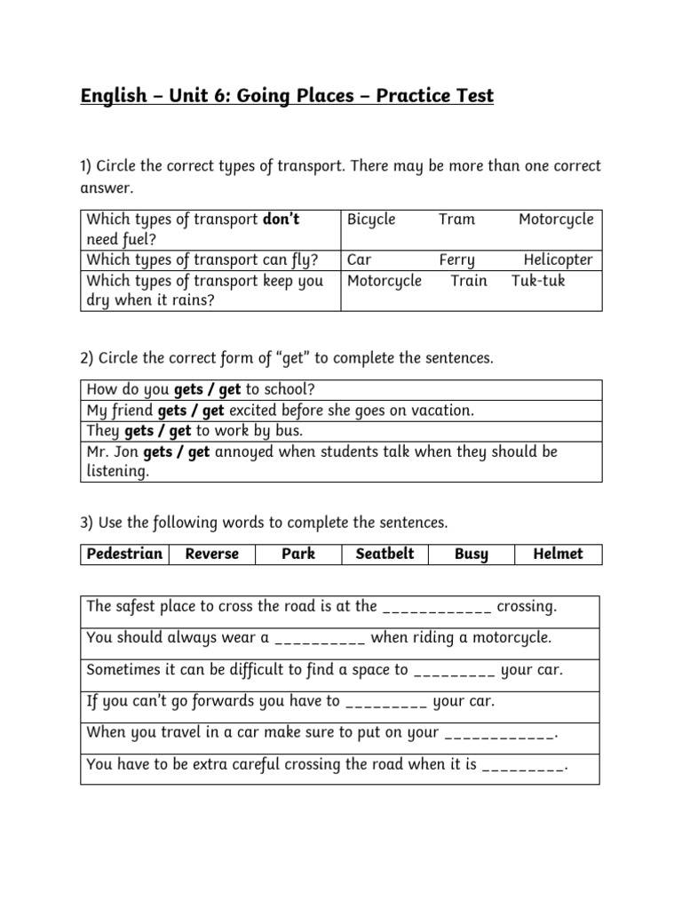 Unit 6: Transport Practice Test | PDF | Transport | Bus