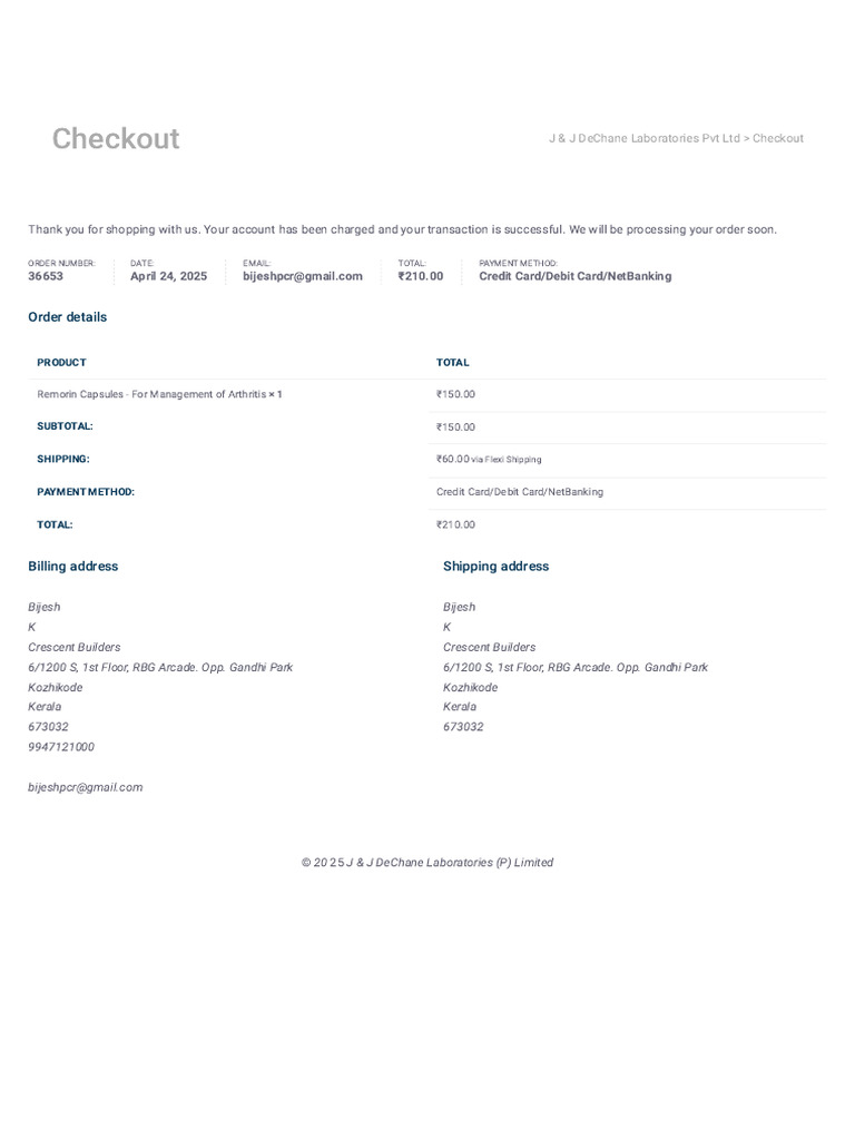 Checkout - J & J DeChane Laboratories PVT LTD | PDF