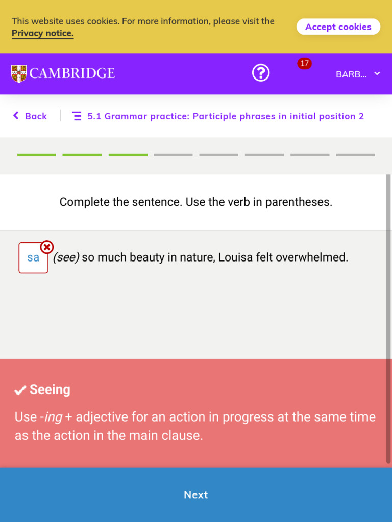 Grammar Practice Participle Phrases in Initial Position 2 Cambridge One ...