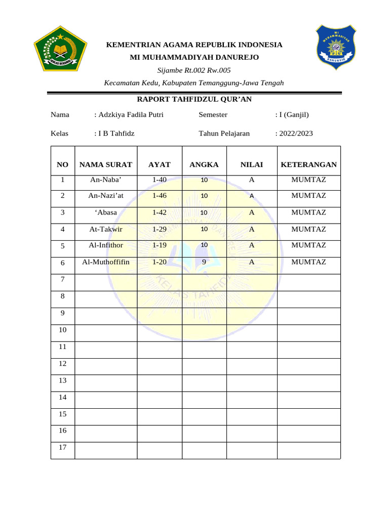 Rapot Tahfidz SMT 2 | PDF