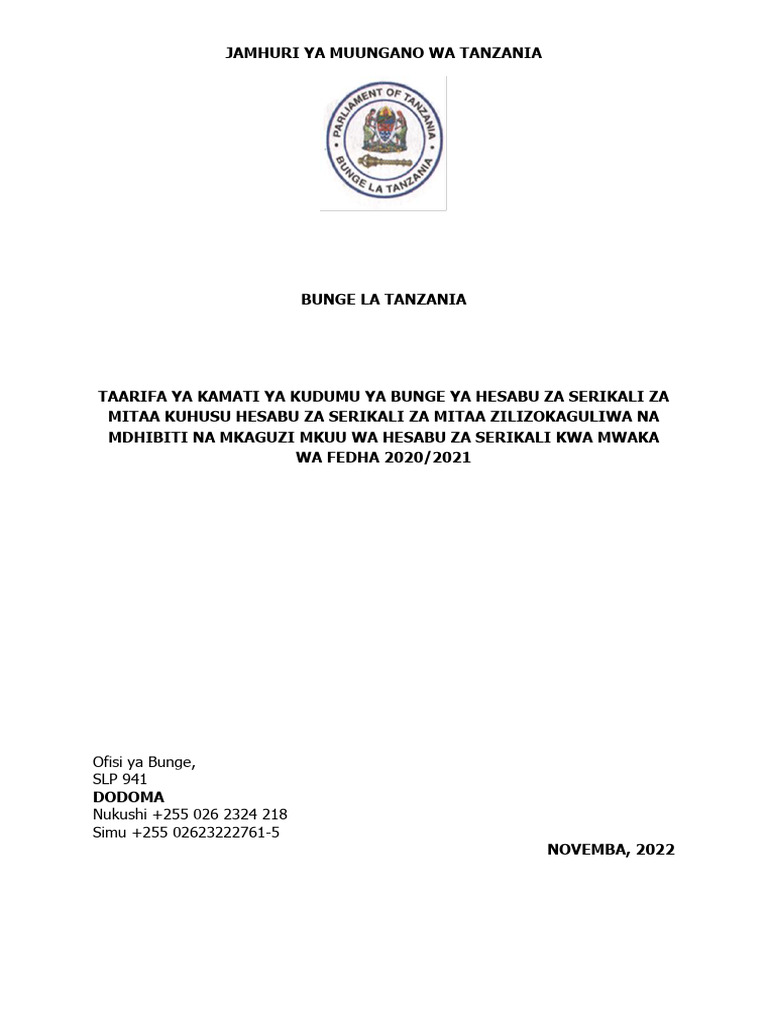 Ofisi Ya Bunge, SLP 941 Nukushi +255 026 2324 218 Simu +255 02623222761-5 | PDF
