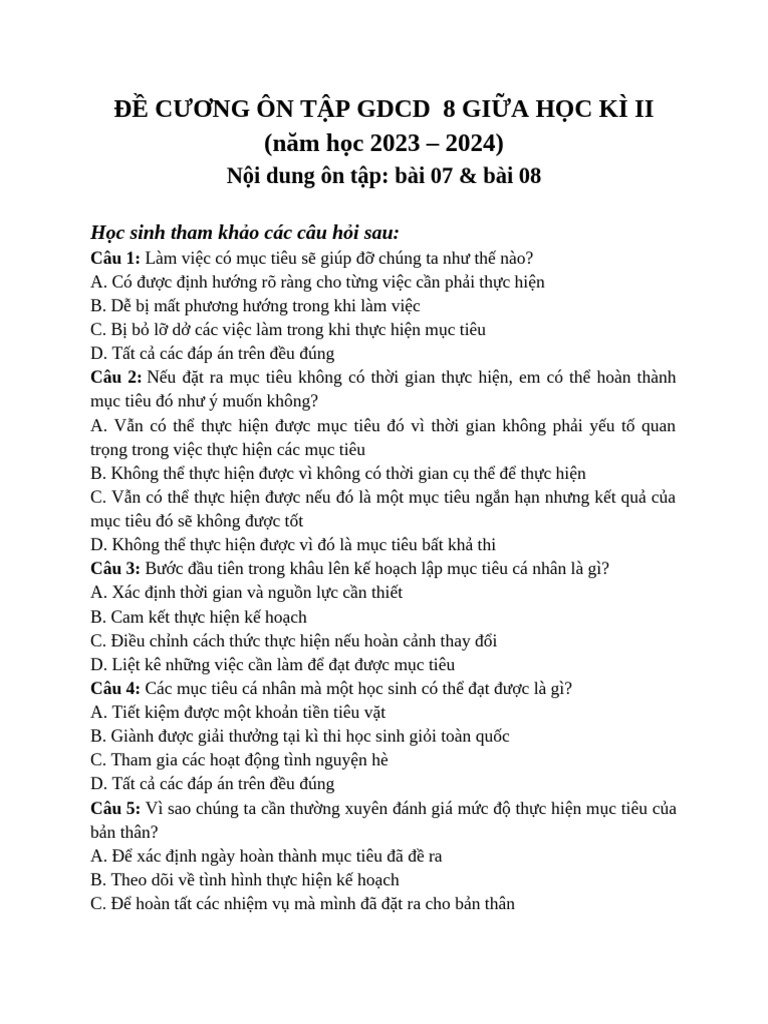 ĐỀ CƯƠNG ÔN TẬP GDCD 8 (giữa kì 2 - 2024) | PDF