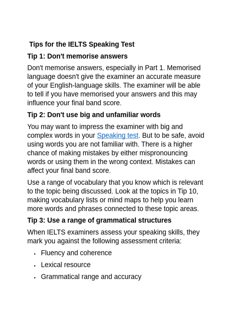 Tips For The IELTS Speaking Test | PDF | Vocabulary | Speech