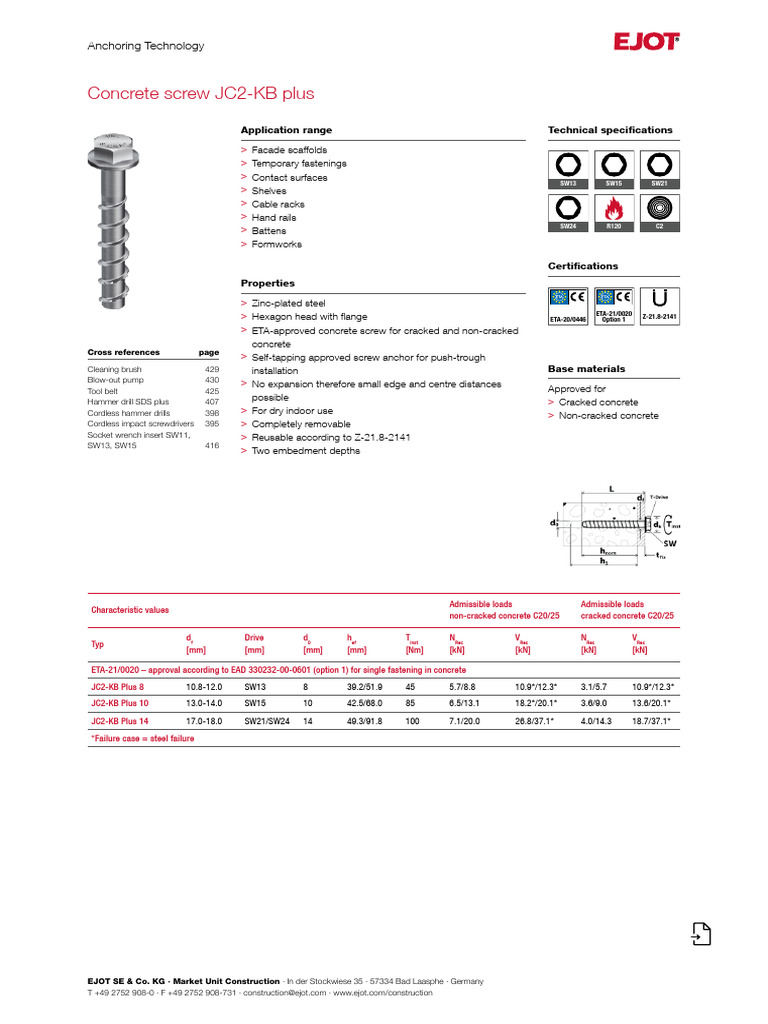 Ejot Pds Concrete Screw jc2 KB Plus en | PDF | Drill | Screw