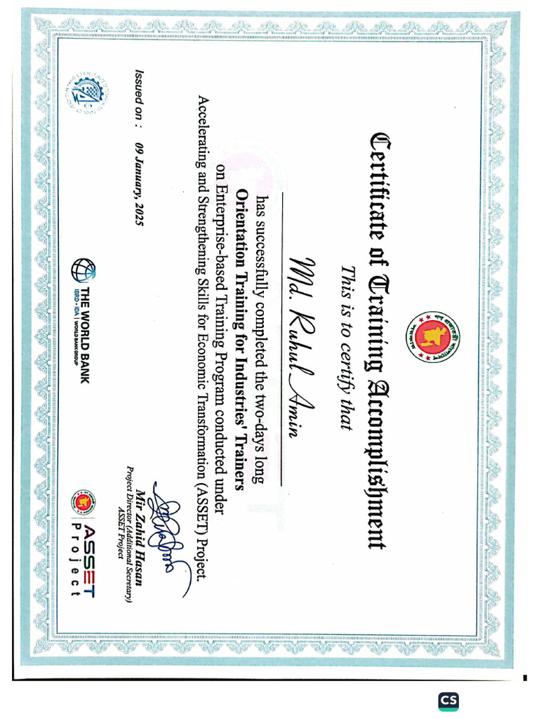 ASSET Training Certificate of Ruhul Amin | PDF