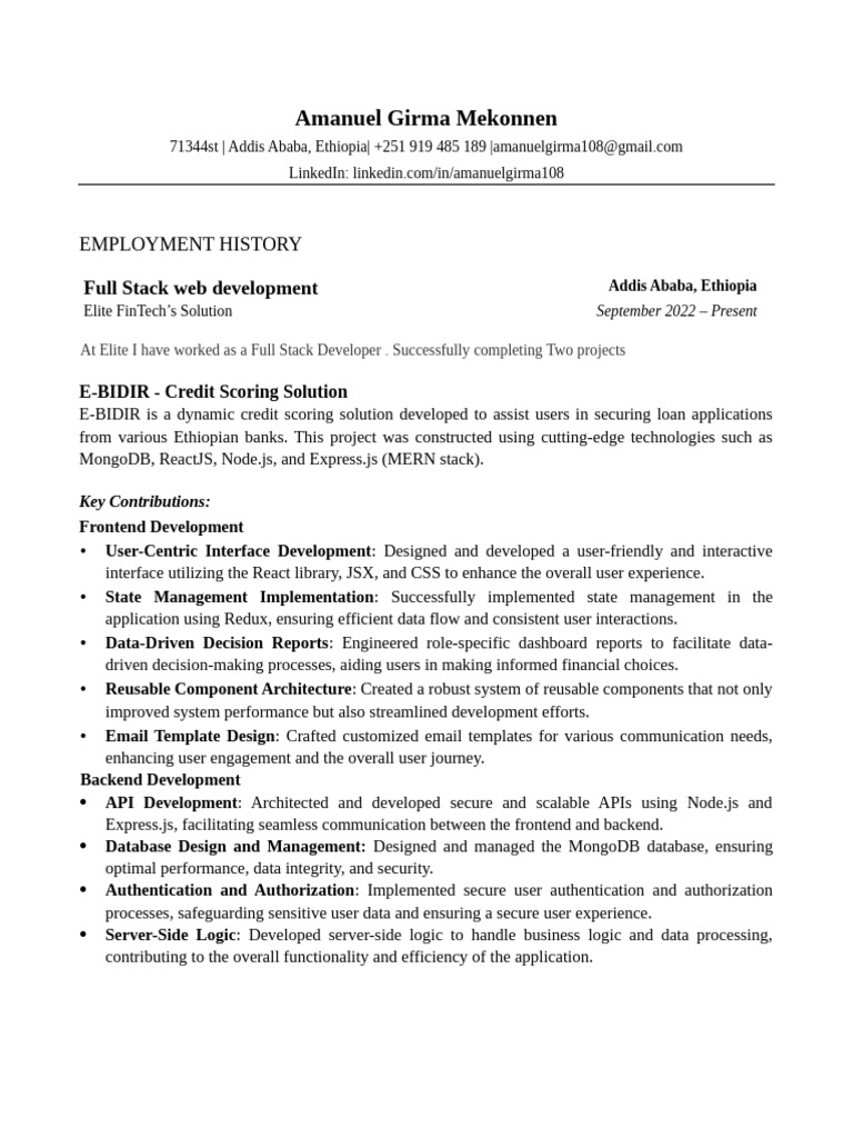 Amanuel Girma Mekonnen: Full Stack Developer | PDF | Computing | Information Technology