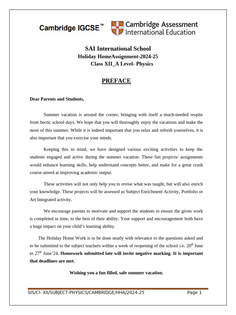 Class XII Physics Holiday Homework 2024 | PDF | Learning | Cognitive Science