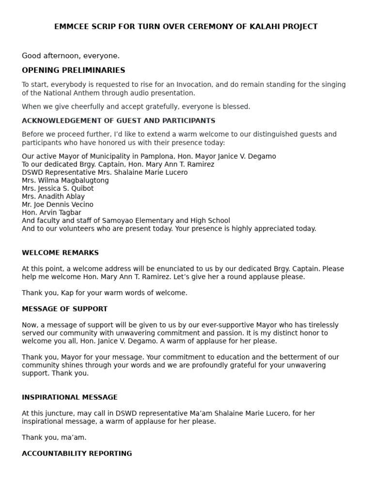 EMMCEE SCRIP FOR TURN OVER CEREMONY OF KALAHI PROJECT | PDF