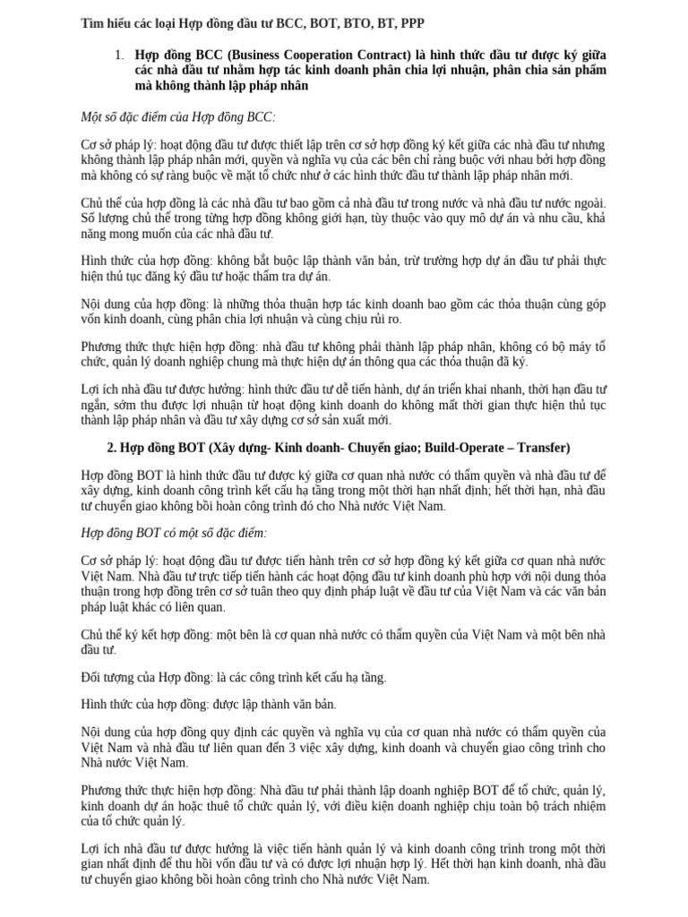 Tìm Hiểu Các Loại Hợp Đồng Đầu Tư BCC | PDF