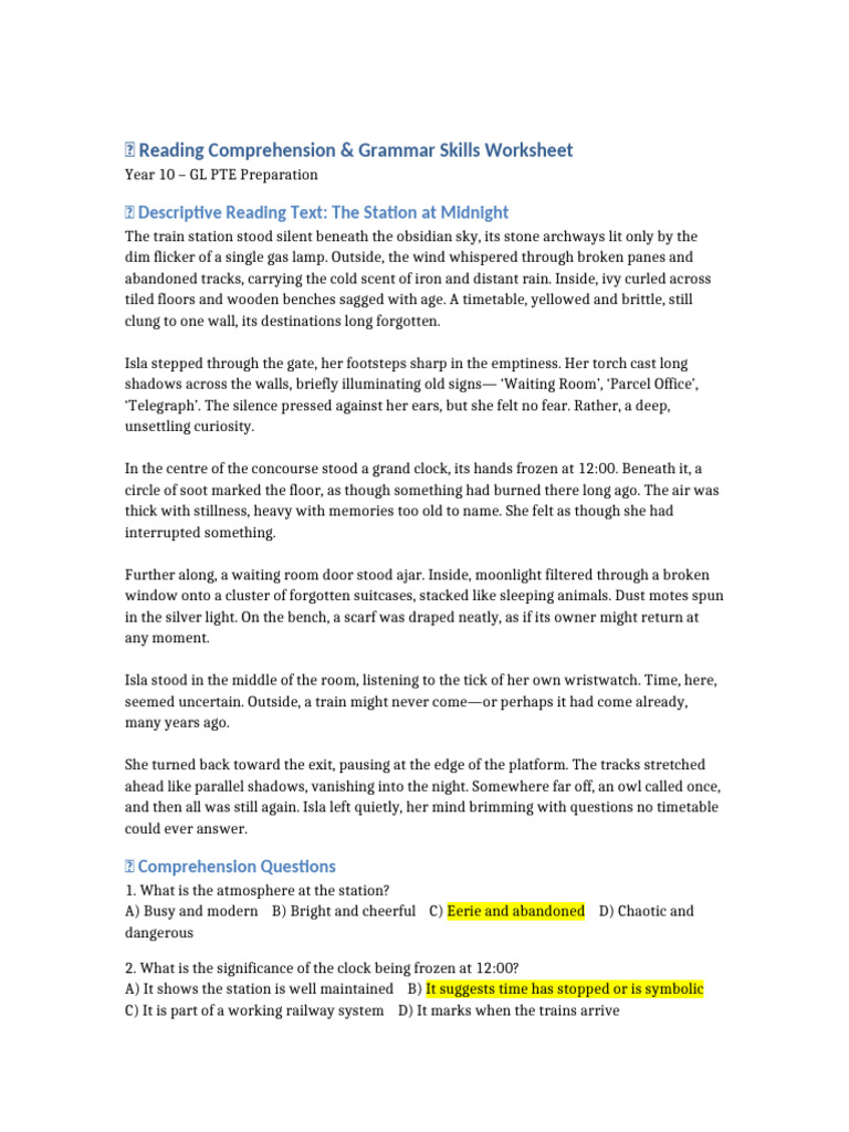 Year - 10 - GL - PTE Reading Worksheet | PDF | Verb | Part Of Speech