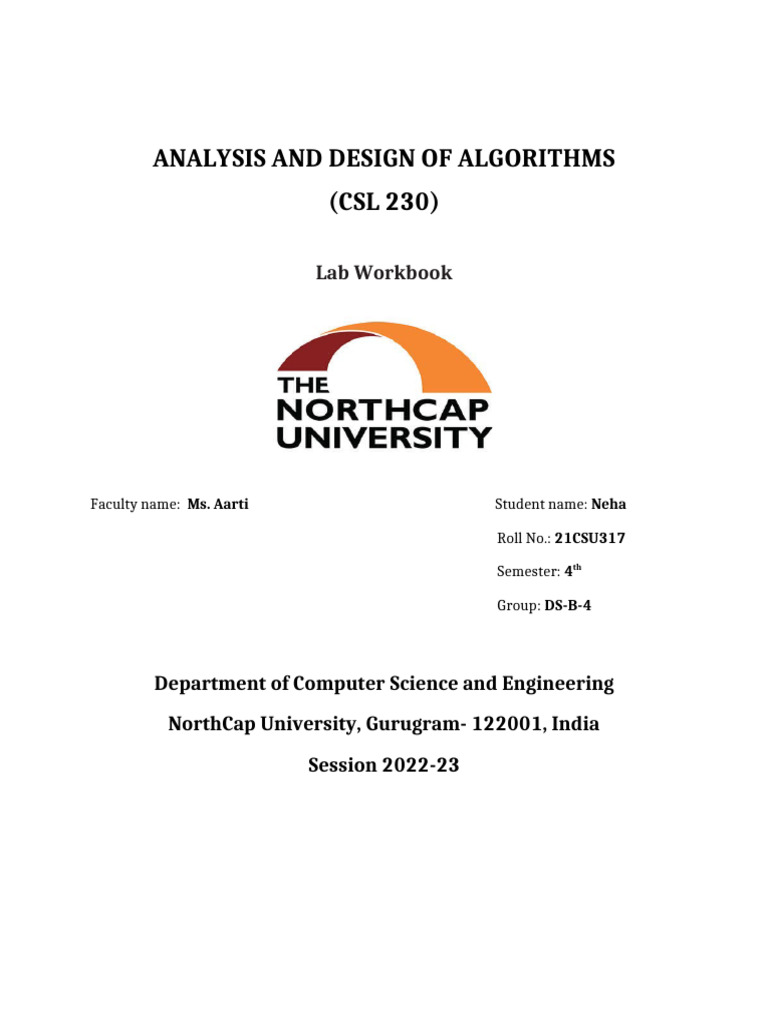 DS-4 Neha Aggarwal 21csu317 Ada Final Lab Manual | PDF | Time Complexity | Dynamic Programming