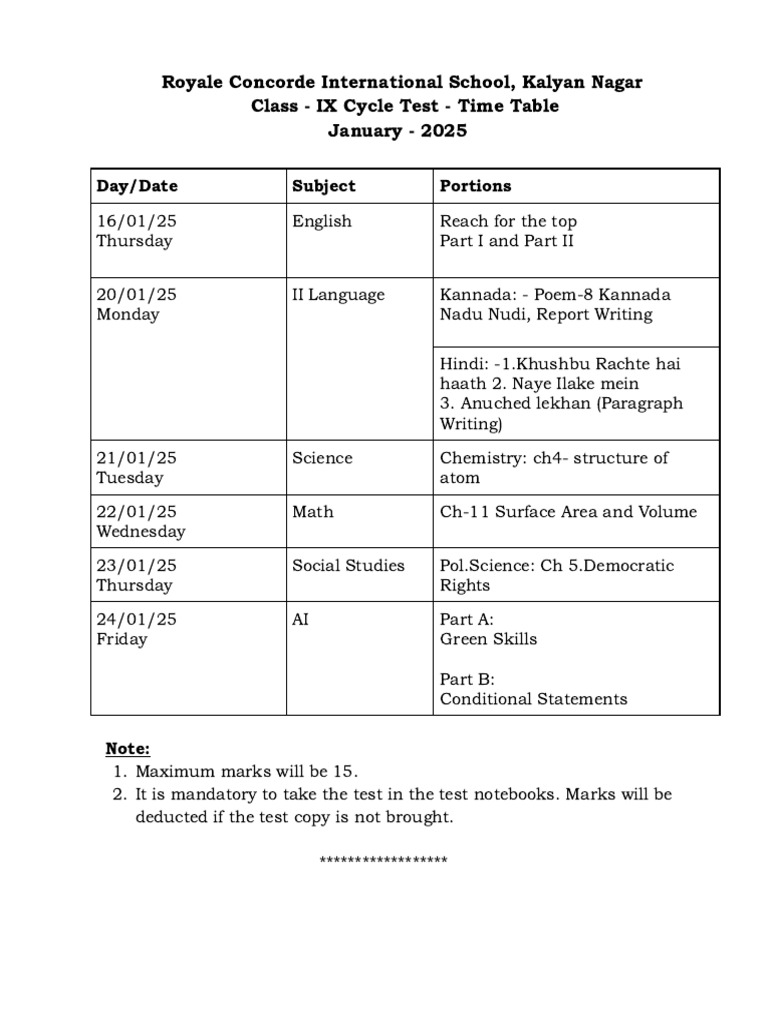 Royale Concorde International School, Kalyan Nagar Class - IX Cycle ...