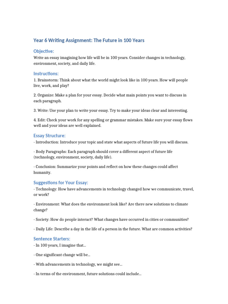 Future Life in 100 Years Essay Guide | PDF