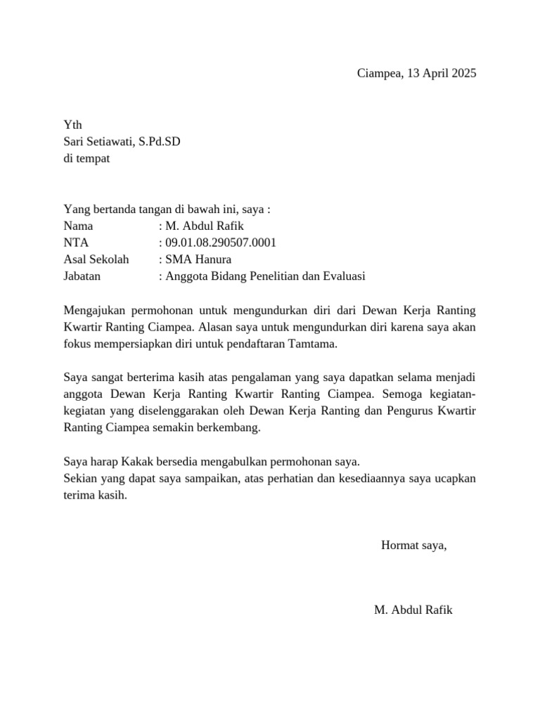 Surat Pengunduran Diri Abdul Rafik | PDF