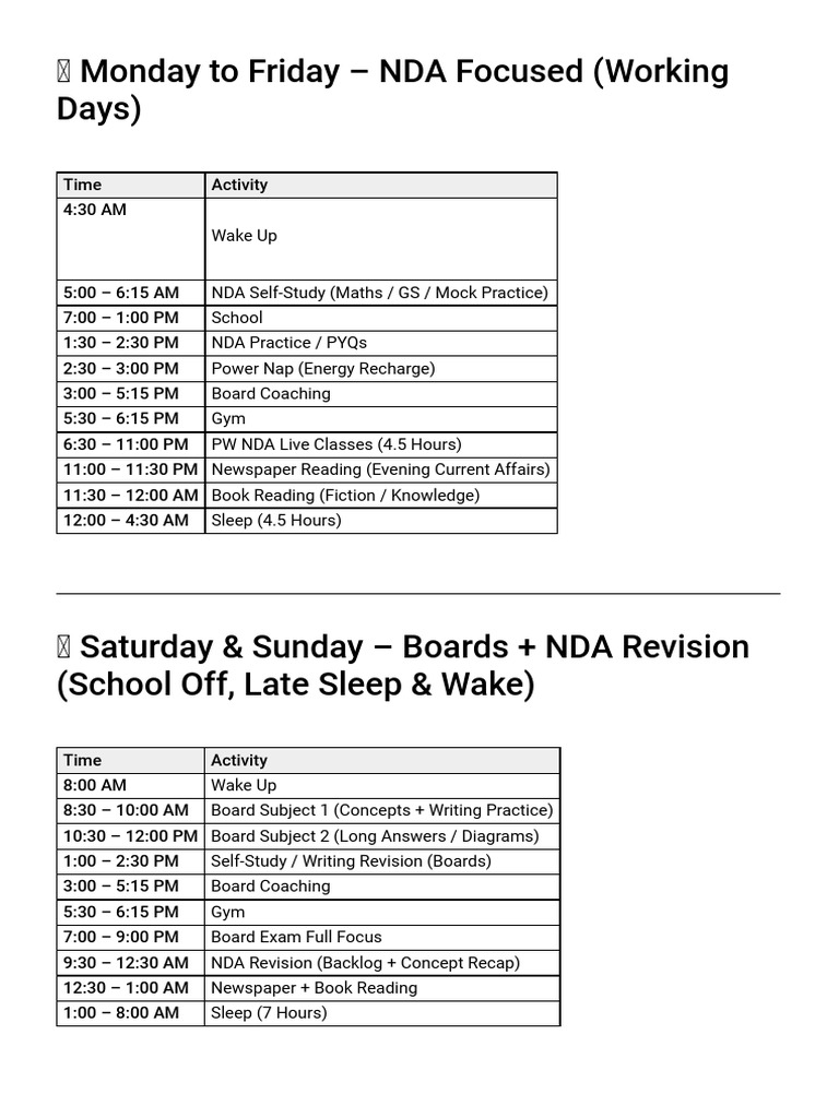 NDA Exam Preparation Timetable | PDF
