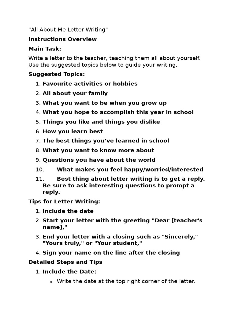 All About Me Letter Instructions | PDF