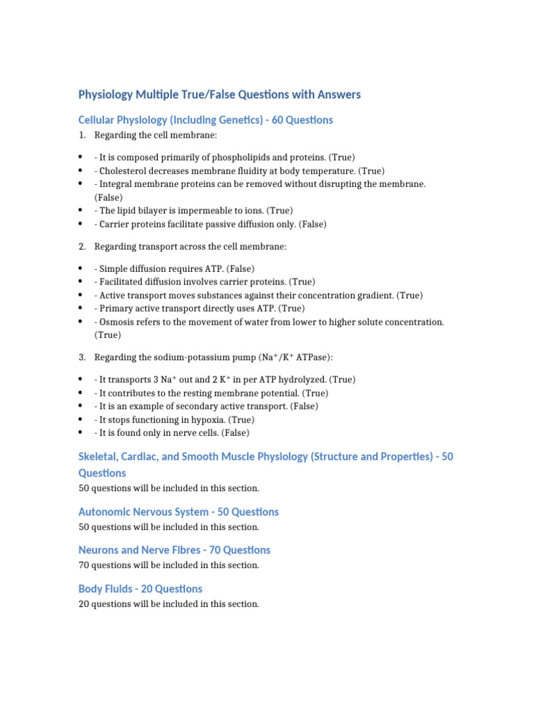 True/False Questions on Cell Physiology | PDF